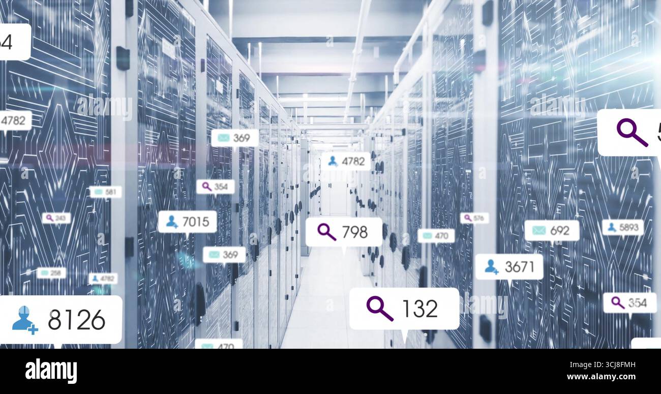 Central aisle running through data center, showing illuminated server ...