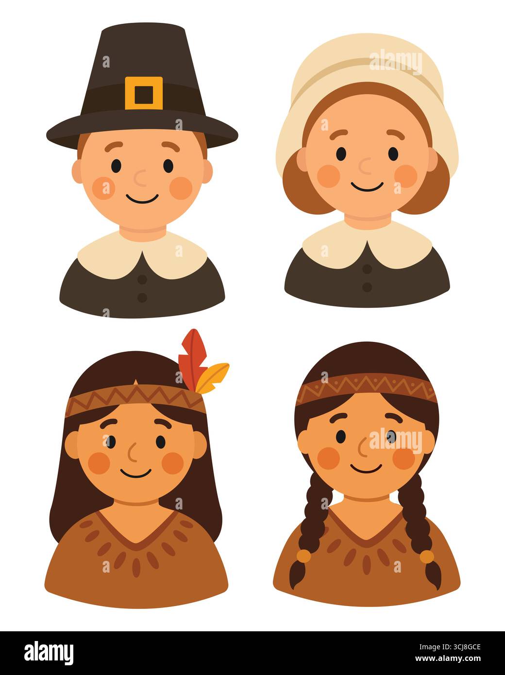 Cute portraits of a Native American couple and a Pilgrim couple. Design ...