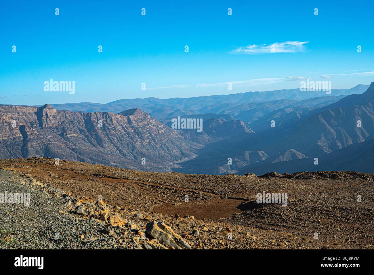 Scenic Atlas Mountain cliffs in Morocco rising above arid desert hills ...
