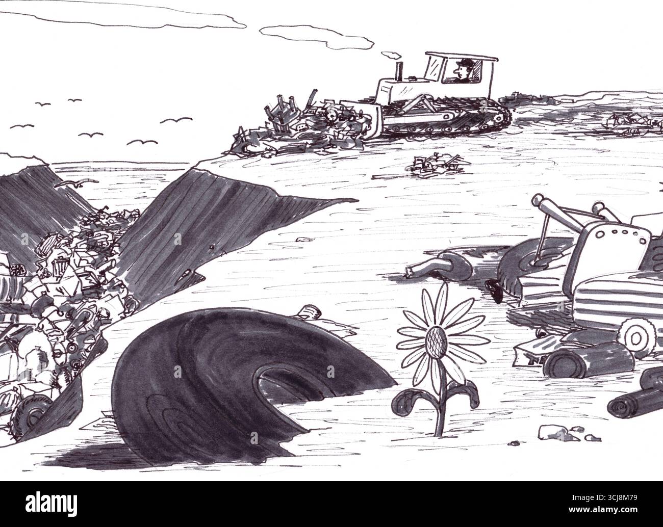 Illustration of a man bulldozing junk and garbage into a very large ...