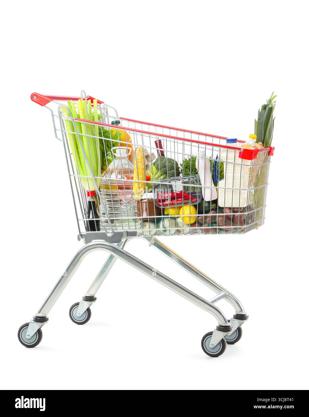 Shopping cart with different fresh products on white background Stock ...