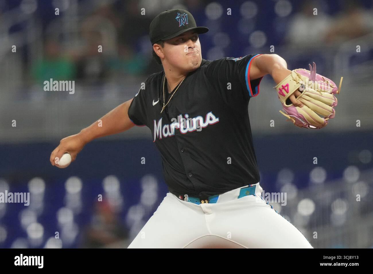 Miami Marlins starting pitcher Valente Bellozo aims a pitch during the ...