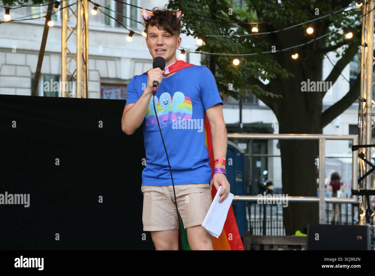 Olly Pike from Pop'n'Olly on the Golden Square stage at Pride In London ...