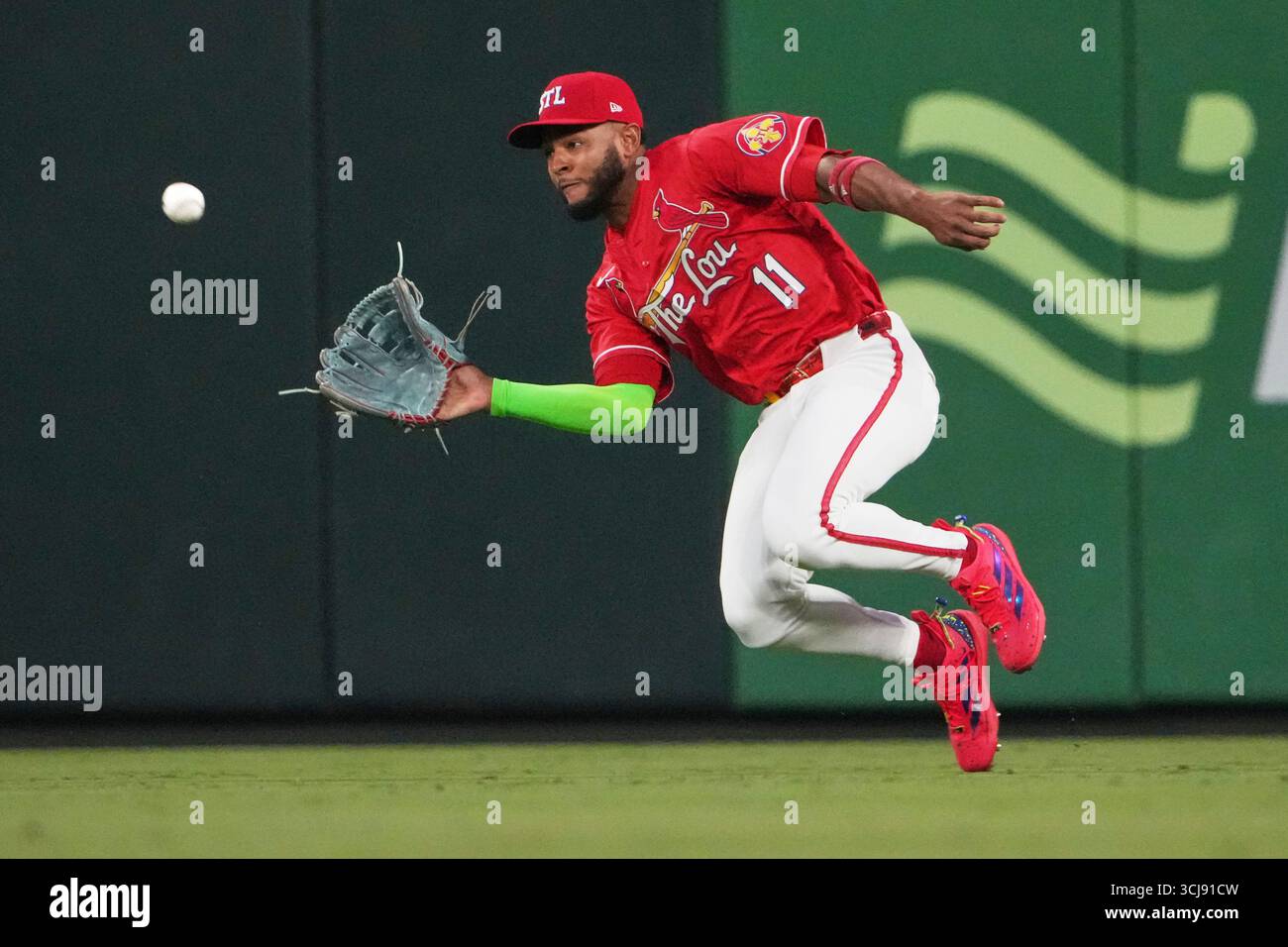 St. Louis Cardinals center fielder Victor Scott II catches a fly ball ...