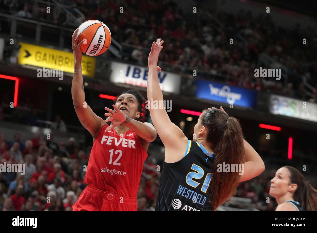 Indiana Fever's Damiris Dantas (12) shoots over Chicago Sky's Maddy ...