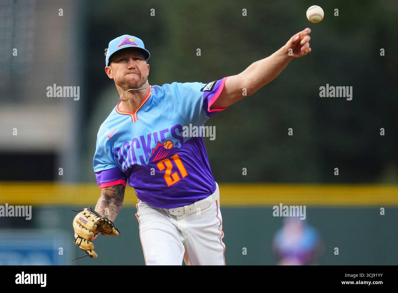 Colorado Rockies' starting pitcher Kyle Freeland throws to the plate ...
