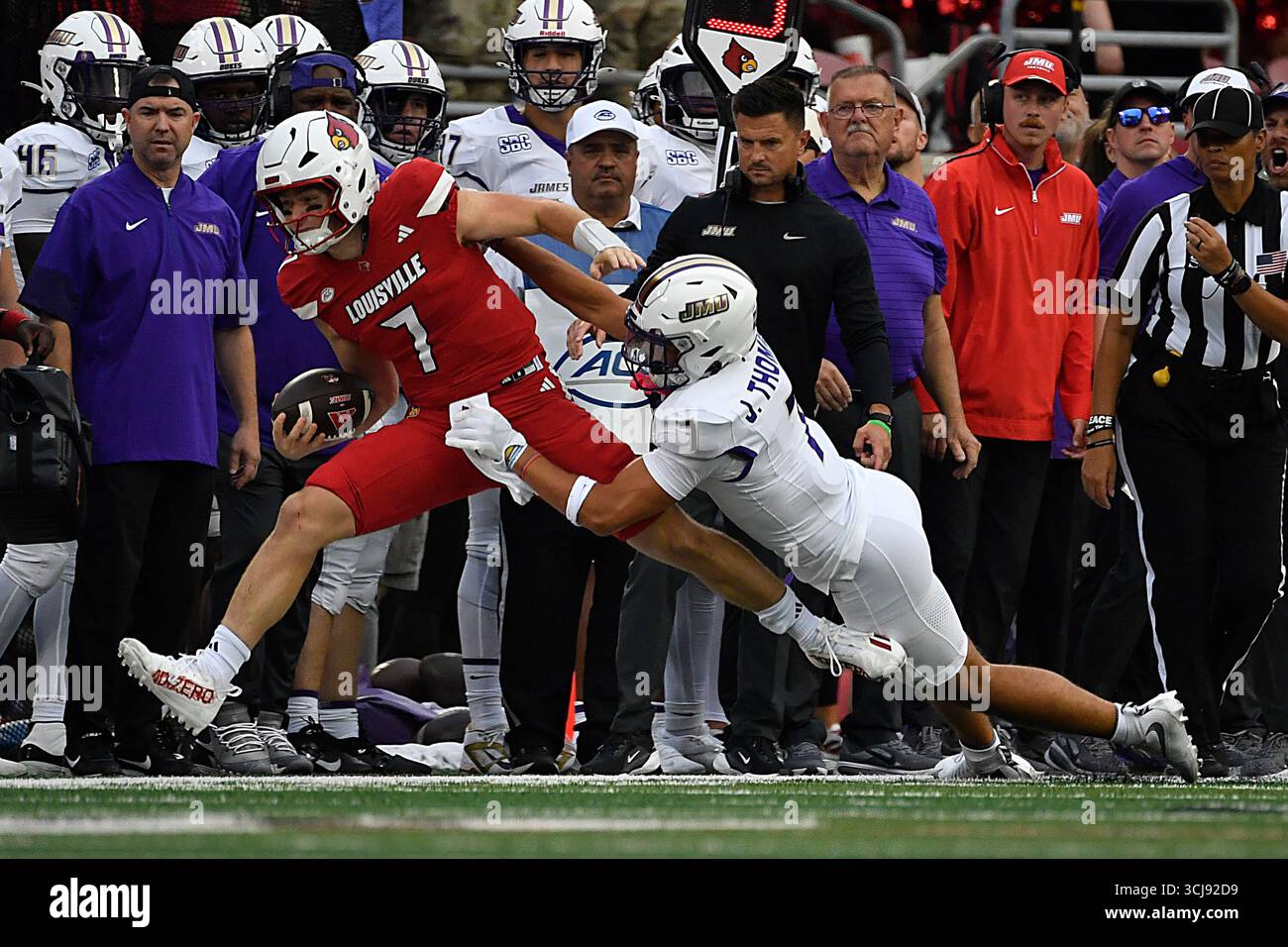 Louisville quarterback Miller Moss (7) is forced out of bounds by James ...