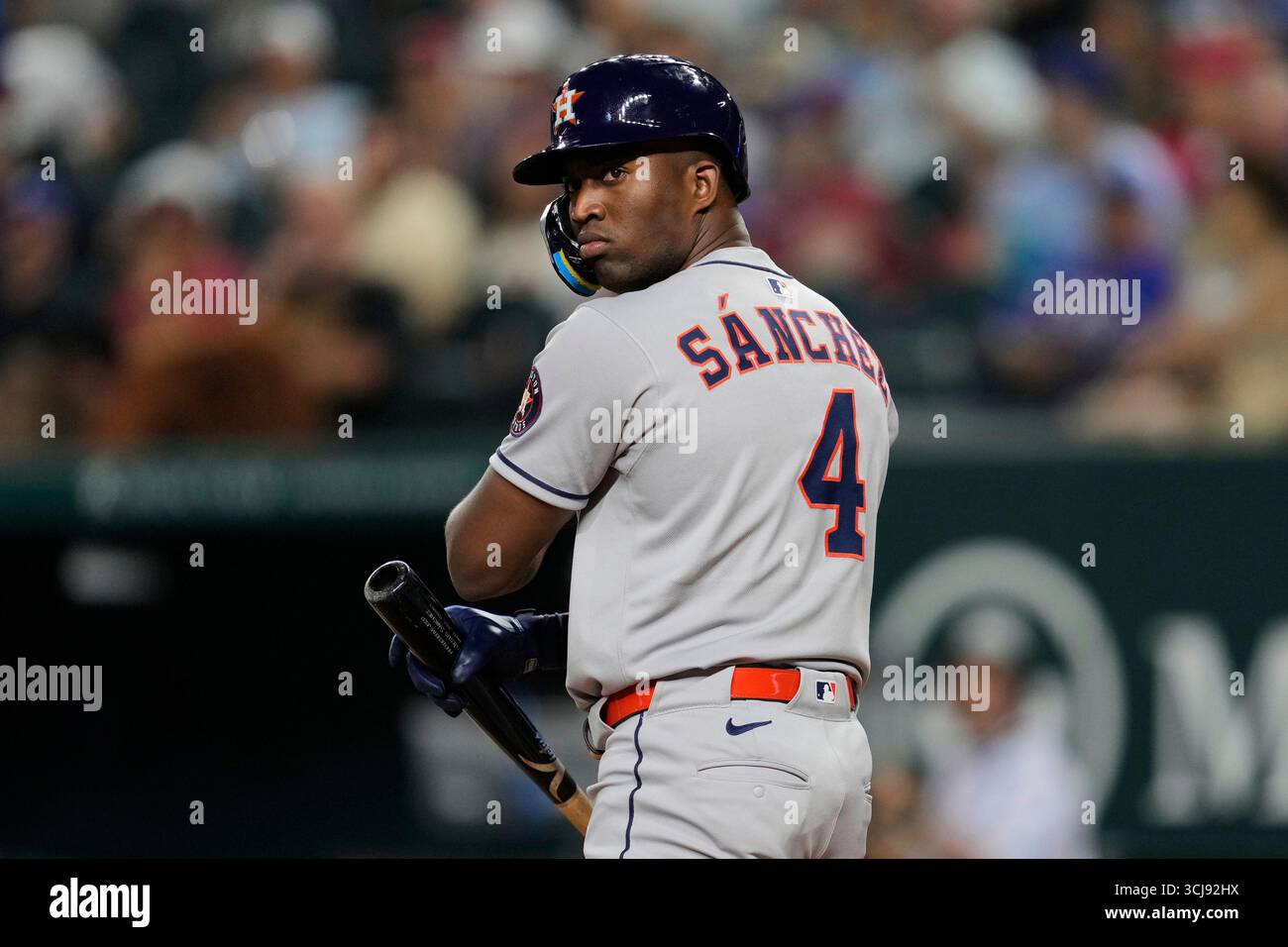 Houston Astros' Jesus Sanchez (4) looks to the dugout after earning a ...
