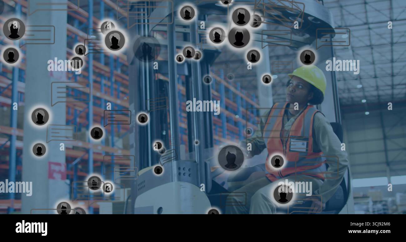 Operating forklift wearing safety gear with ID badge tracking icons over pallet racks in ...