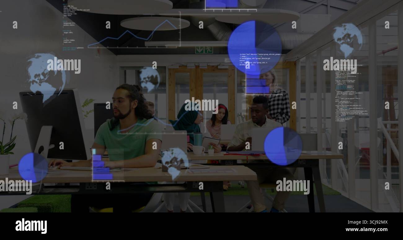 Collaborating team reviewing code at table in open-plan office, with laptops, holographic ...
