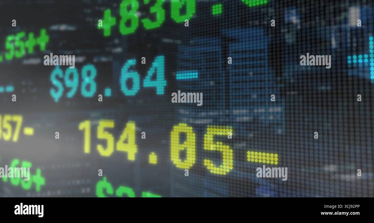 Displaying ticker board showing pixel data on grid screen in news ...