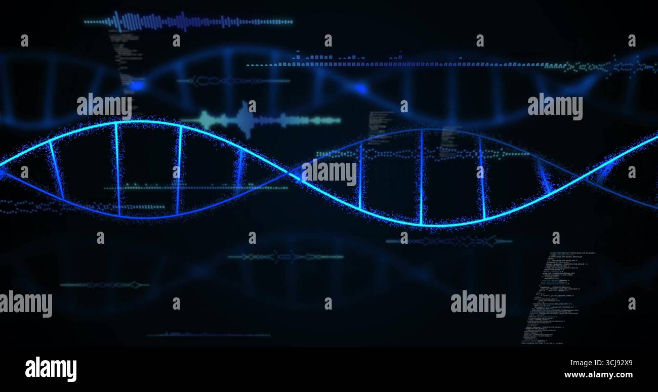 Showing glowing blue DNA helix in tech interface, featuring waveforms ...