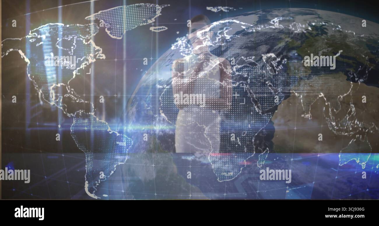 Tech professional analyzing world map display in control room ...