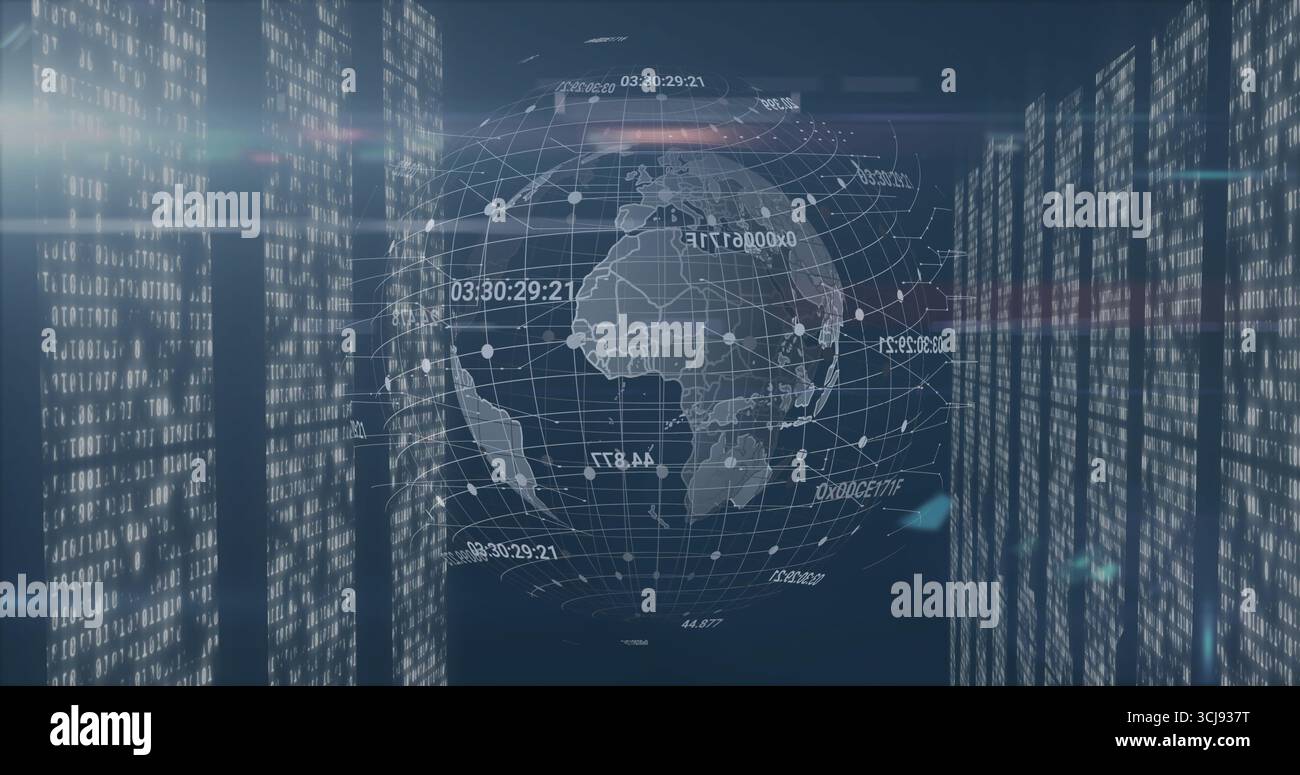 Projecting 3D wireframe globe in display with grid, timecode labels ...