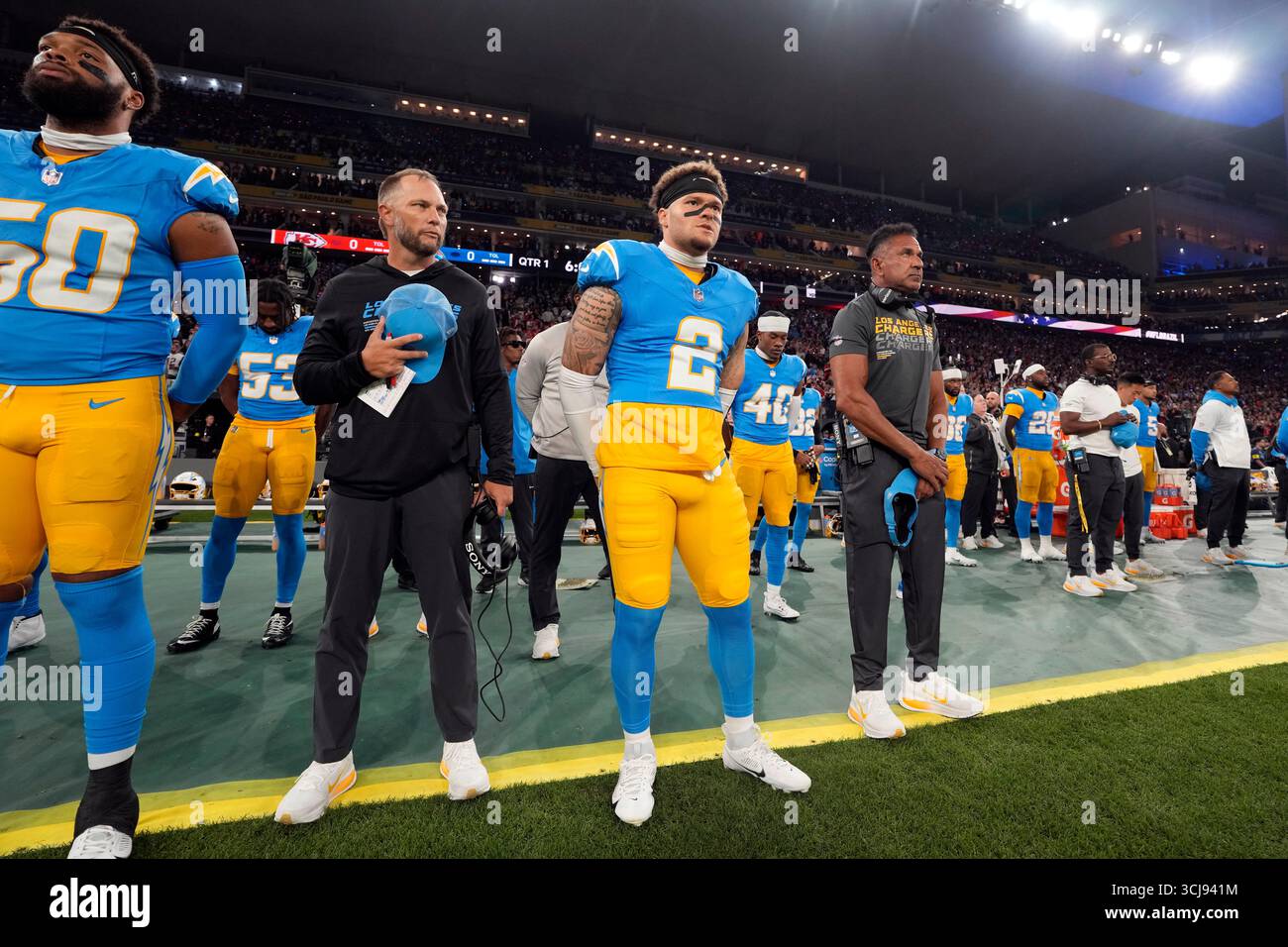 Los Angeles Chargers cornerback Elijah Molden (2) stands for the ...