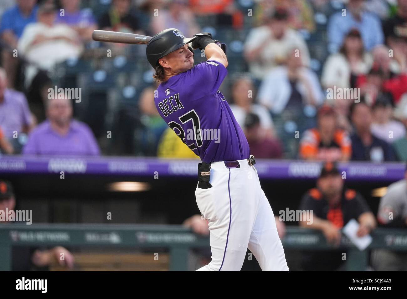 Colorado Rockies left fielder Jordan Beck (27) in the second inning of ...