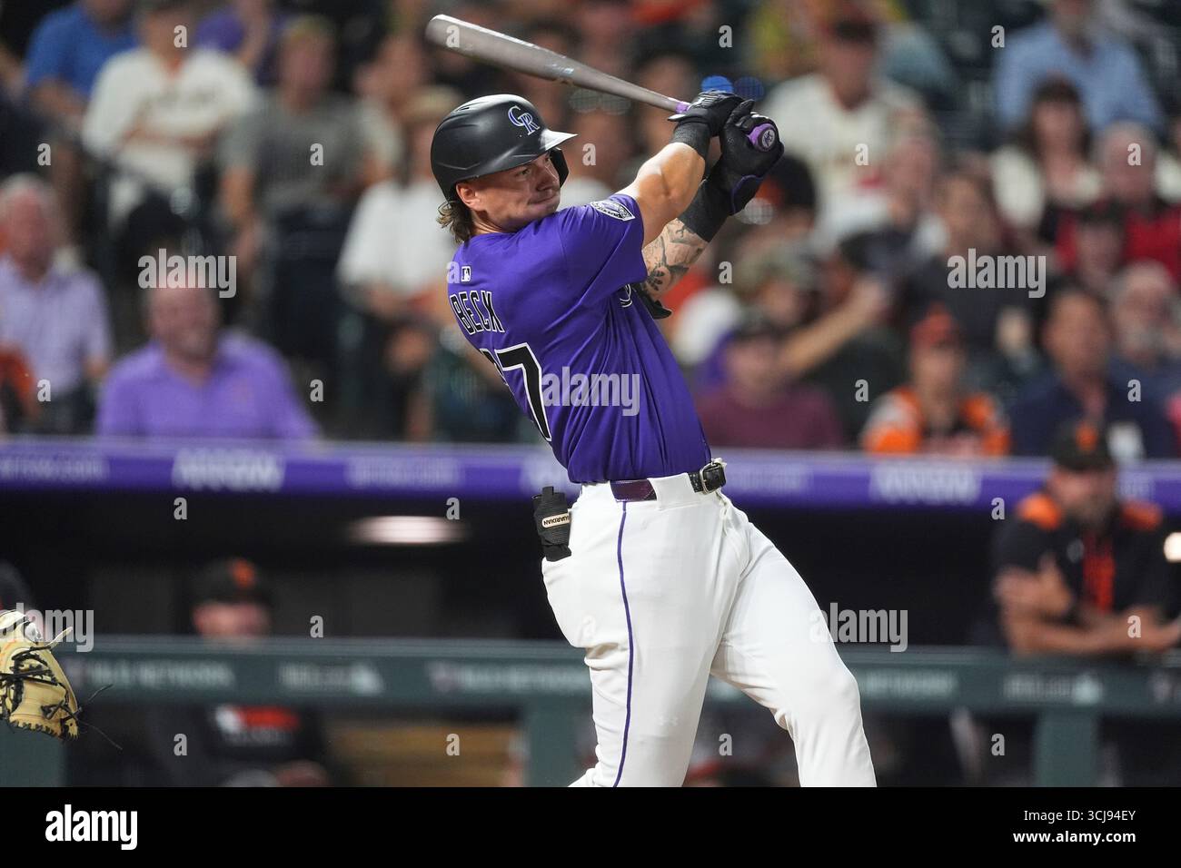 Colorado Rockies left fielder Jordan Beck (27) in the fifth inning of a ...
