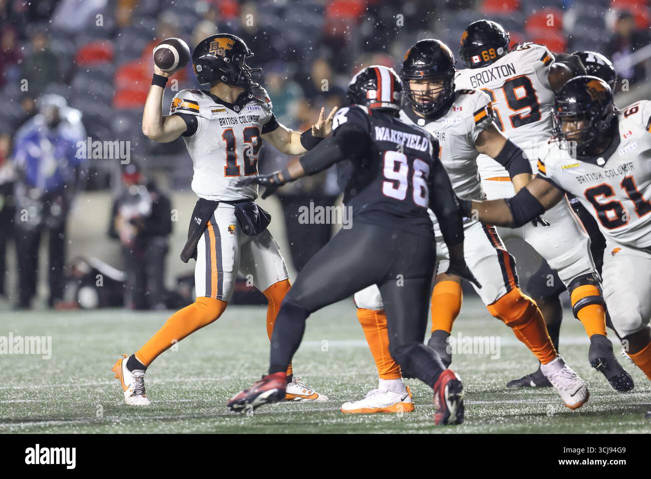September 05, 2025: BC Lions quarterback Nathan Rourke (12) throws the ...
