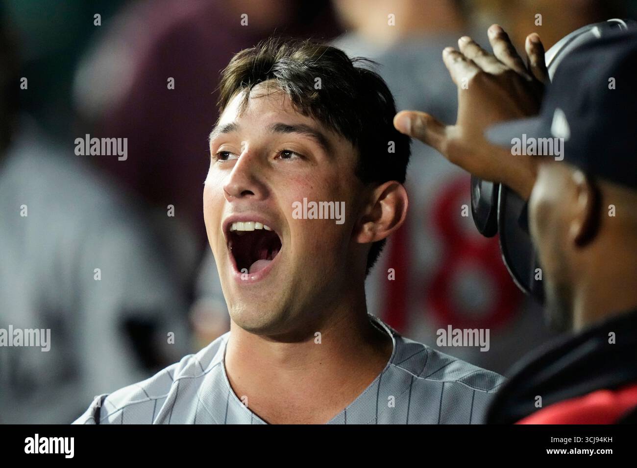 Minnesota Twins' Brooks Lee celebrates in the dugout after scoring on a ...
