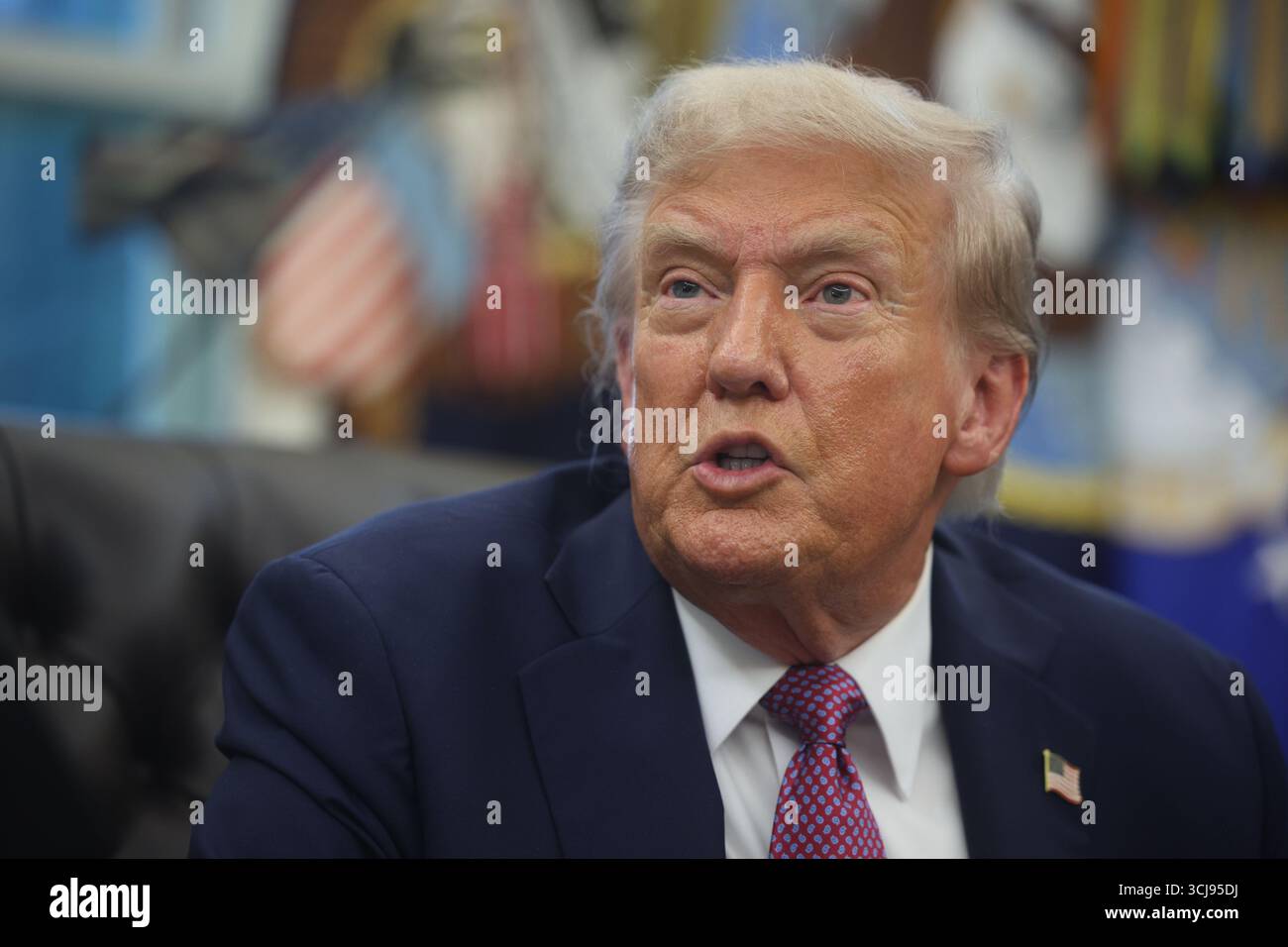 President Donald Trump speaks to the media during a press availability ...