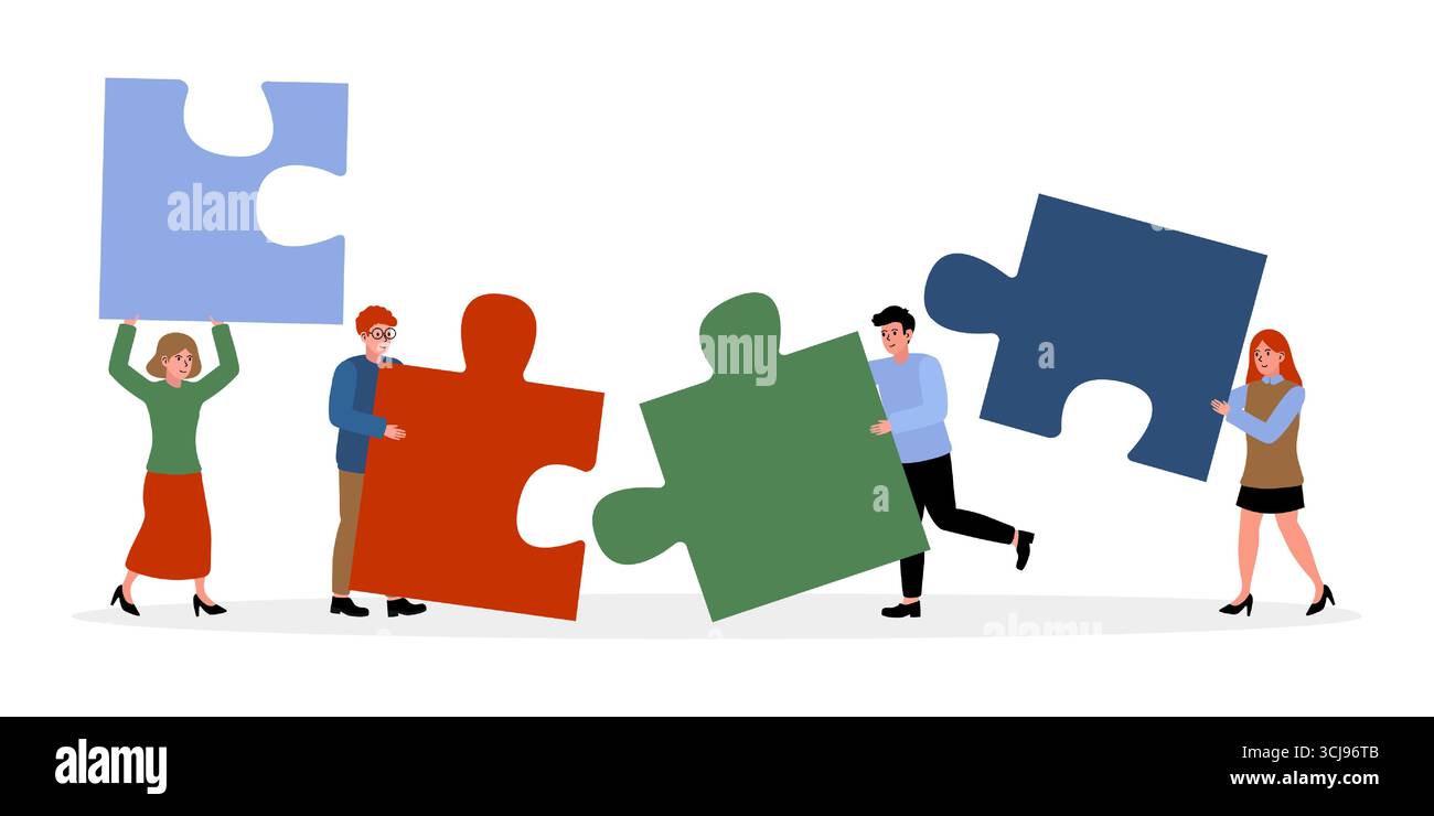 Team members collaborating to complete a puzzle in a creative office ...