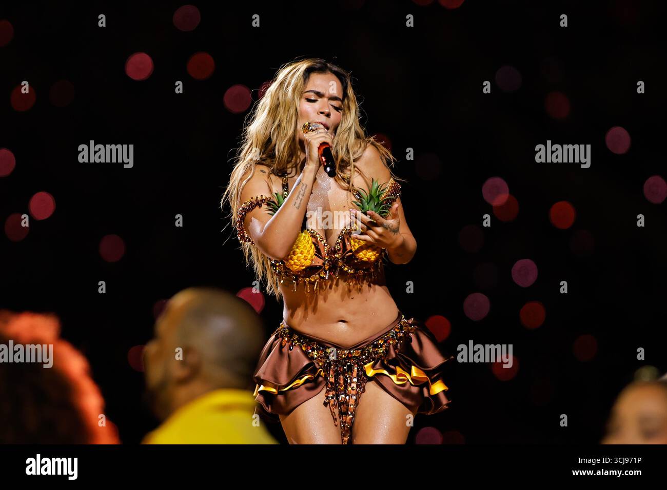Karol G during the halftime show during the 2025 NFL Game between ...