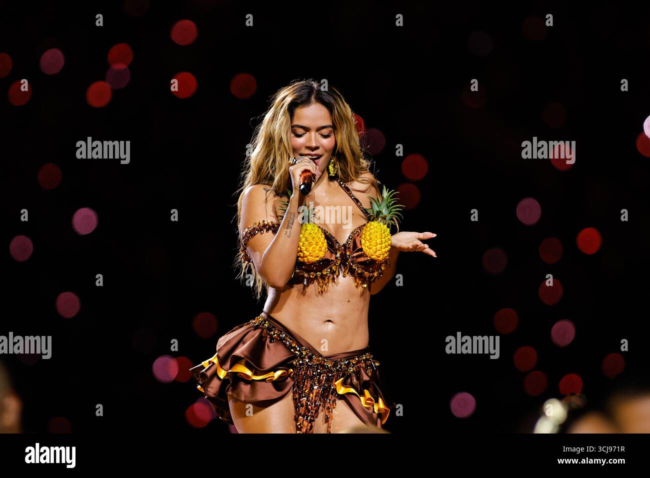 Karol G during the halftime show during the 2025 NFL Game between ...