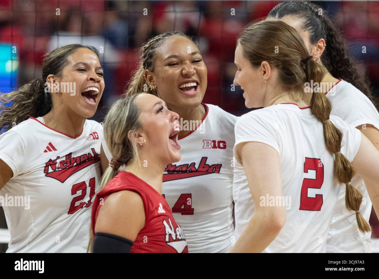 Nebraska players celebrate during an NCAA college volleyball match against Wright State, Friday ...