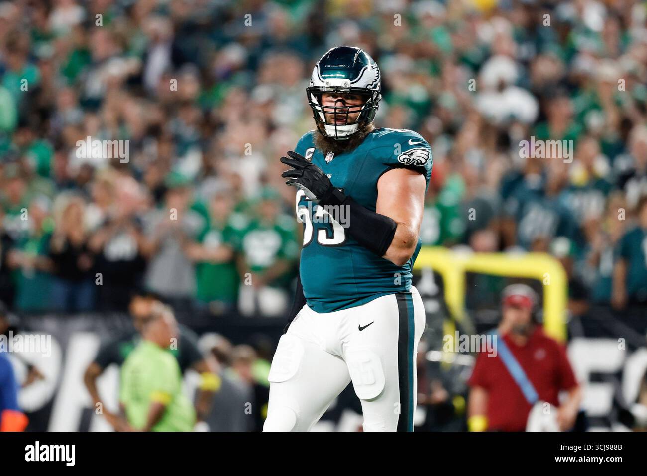 Philadelphia Eagles offensive tackle Lane Johnson looks on between ...