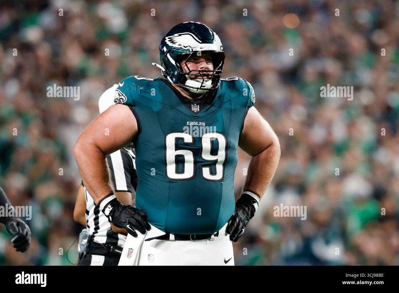 Philadelphia Eagles guard Landon Dickerson (69) looks on between plays ...