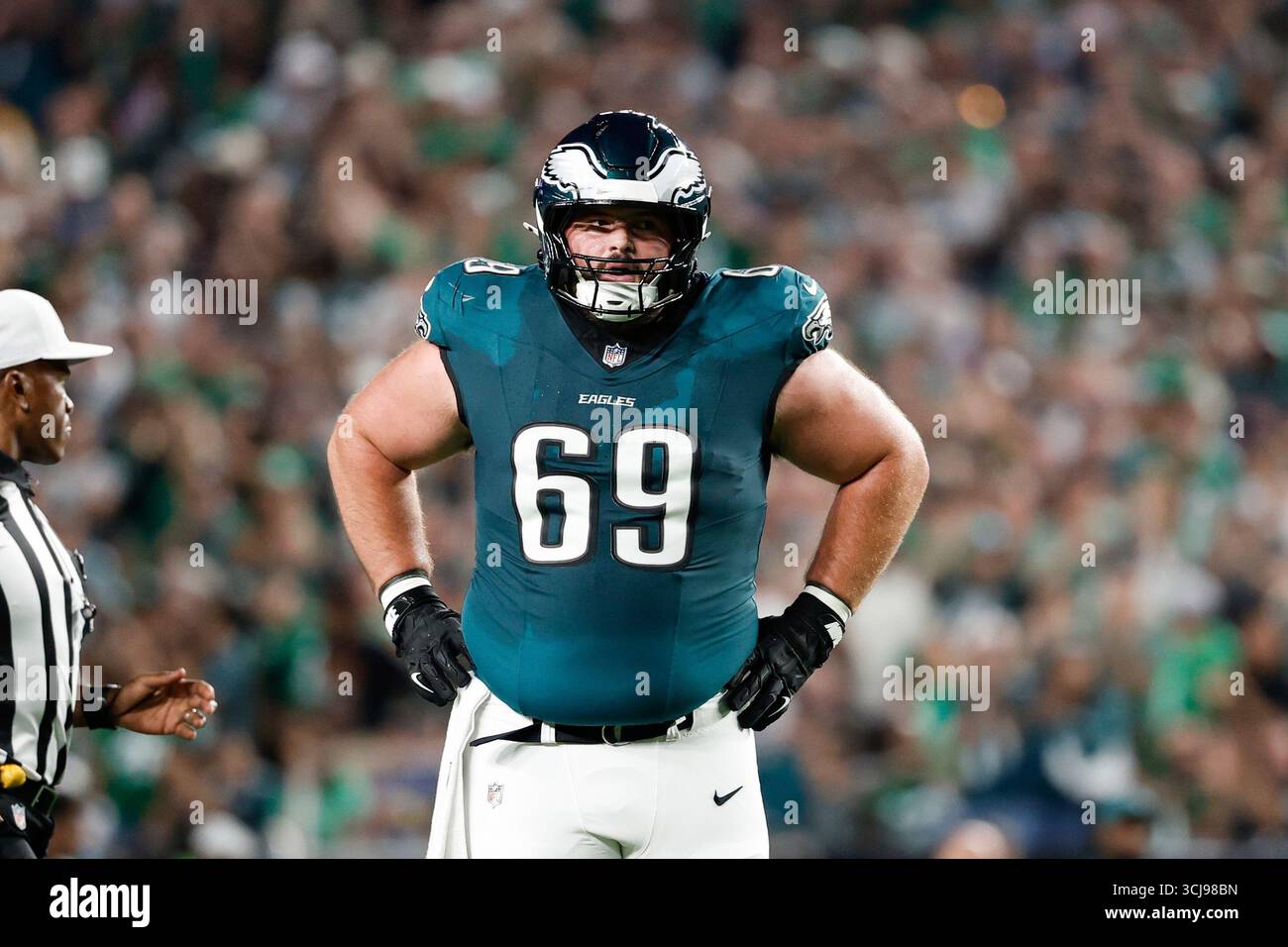 Philadelphia Eagles guard Landon Dickerson (69) looks on between plays ...