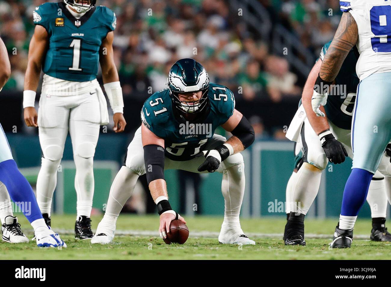 Philadelphia Eagles center Cam Jurgens (51) gets set to hike the ball ...