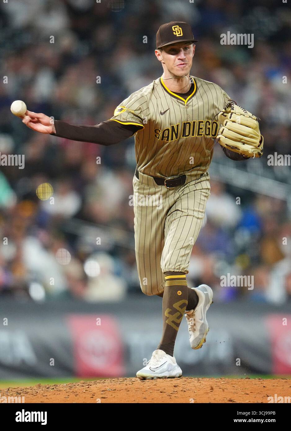 San Diego Padres relief pitcher Alek Jacob throws to first base during ...