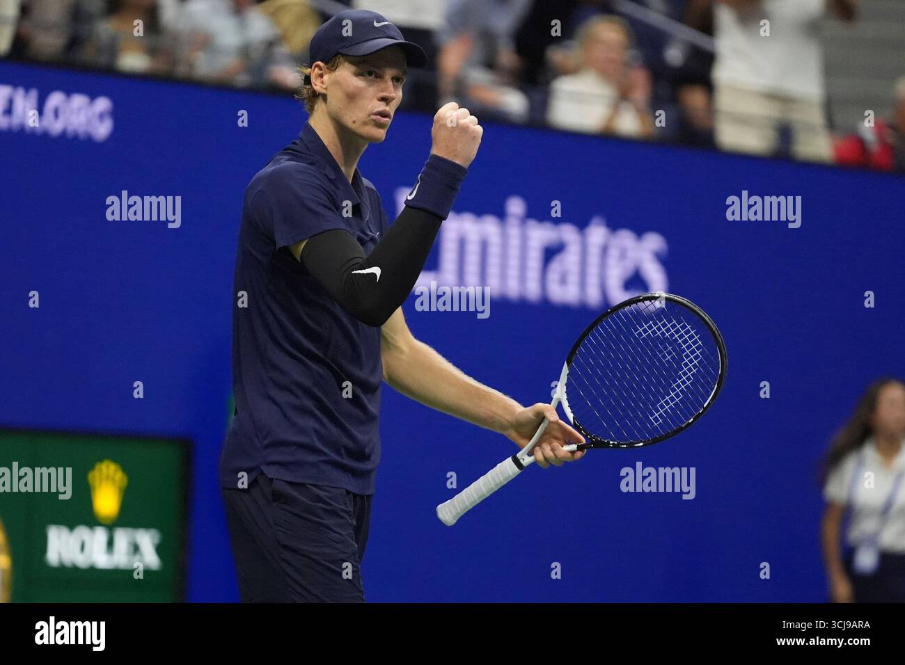Jannik Sinner, of Italy, reacts after defeating Felix Auger-Aliassime ...