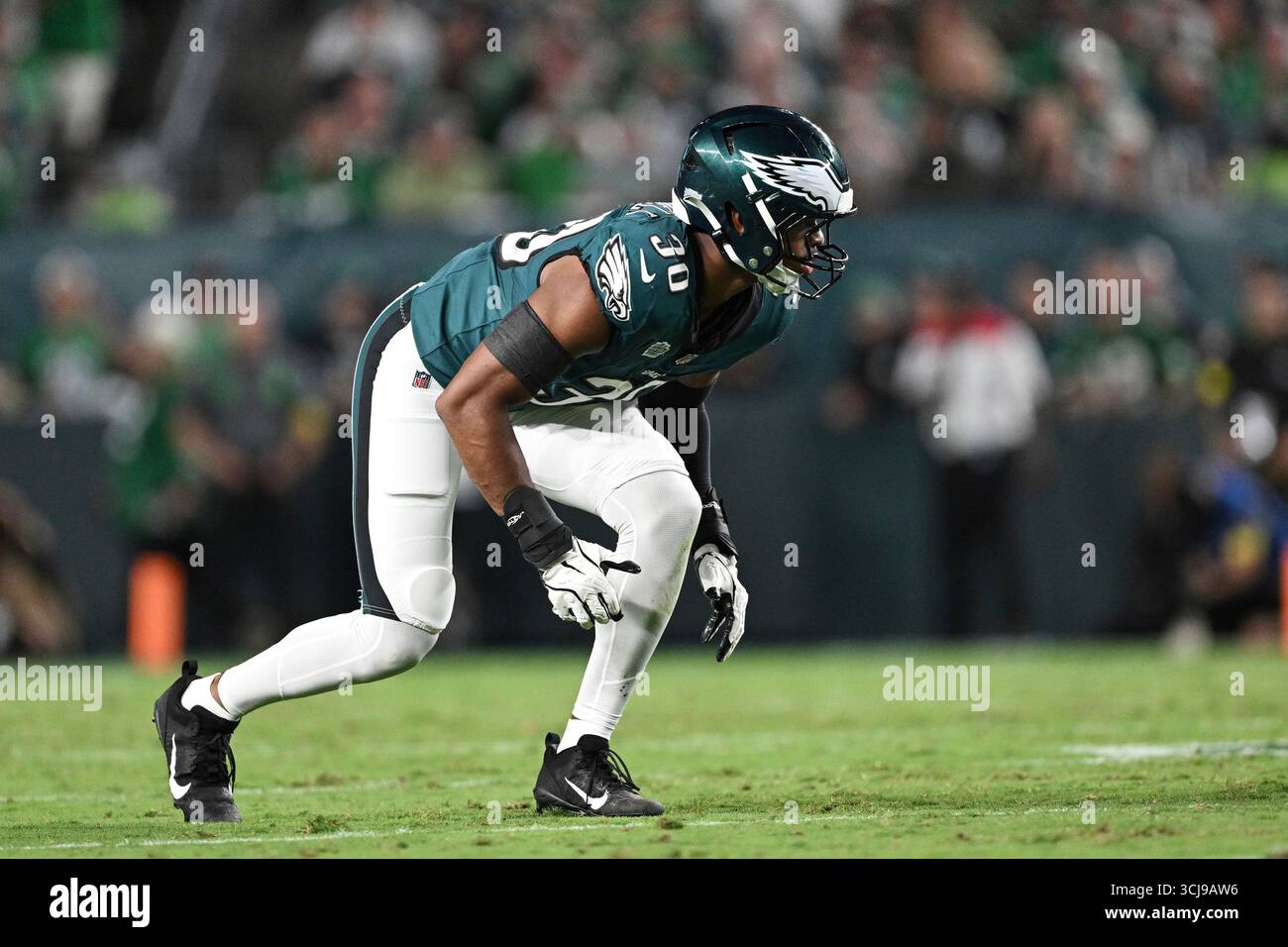 Philadelphia Eagles linebacker Jihaad Campbell (30) gets in position ...