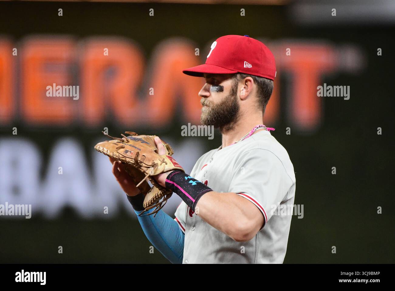 Philadelphia Phillies first baseman Bryce Harper (3) adjusts his glove ...