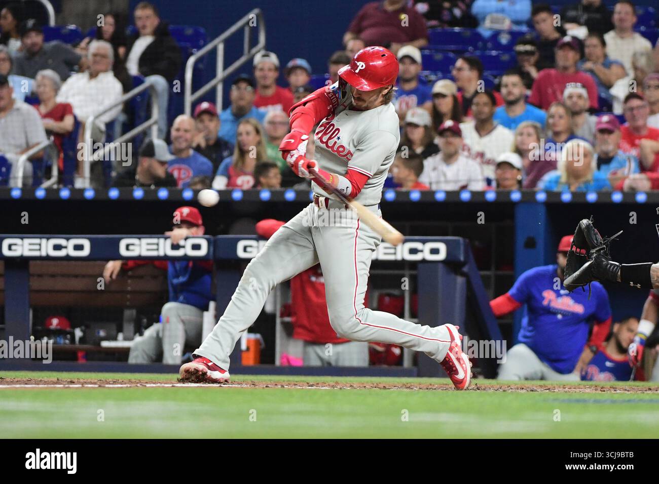 Philadelphia Phillies second baseman Bryson Stott (5) hits a homerun in ...