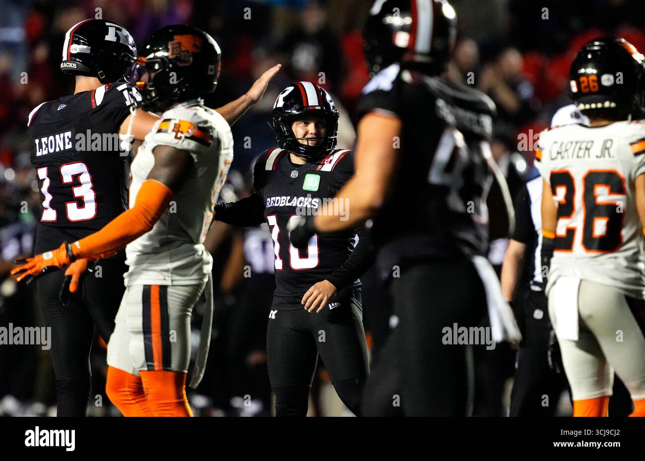 Ottawa Redblacks kicker Lewis Ward (10) celebrates his conversion kick ...
