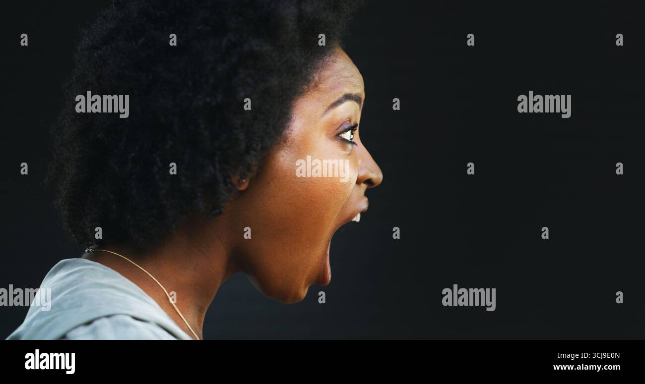 Angry, scream and profile of black woman with shout, yelling or ...