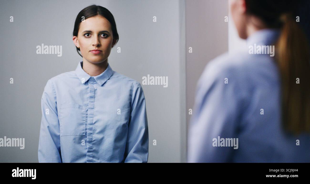 Bipolar, woman and reflection of mirror with psychosis, dissociation ...