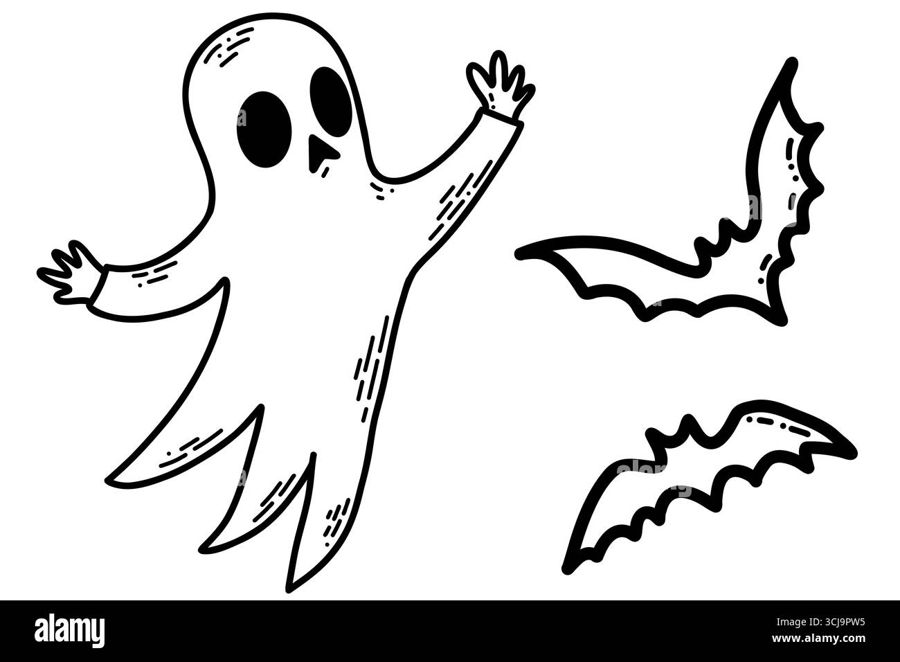 Illustration of a Spooky Ghost and Flying Bats in Black and White Stock ...