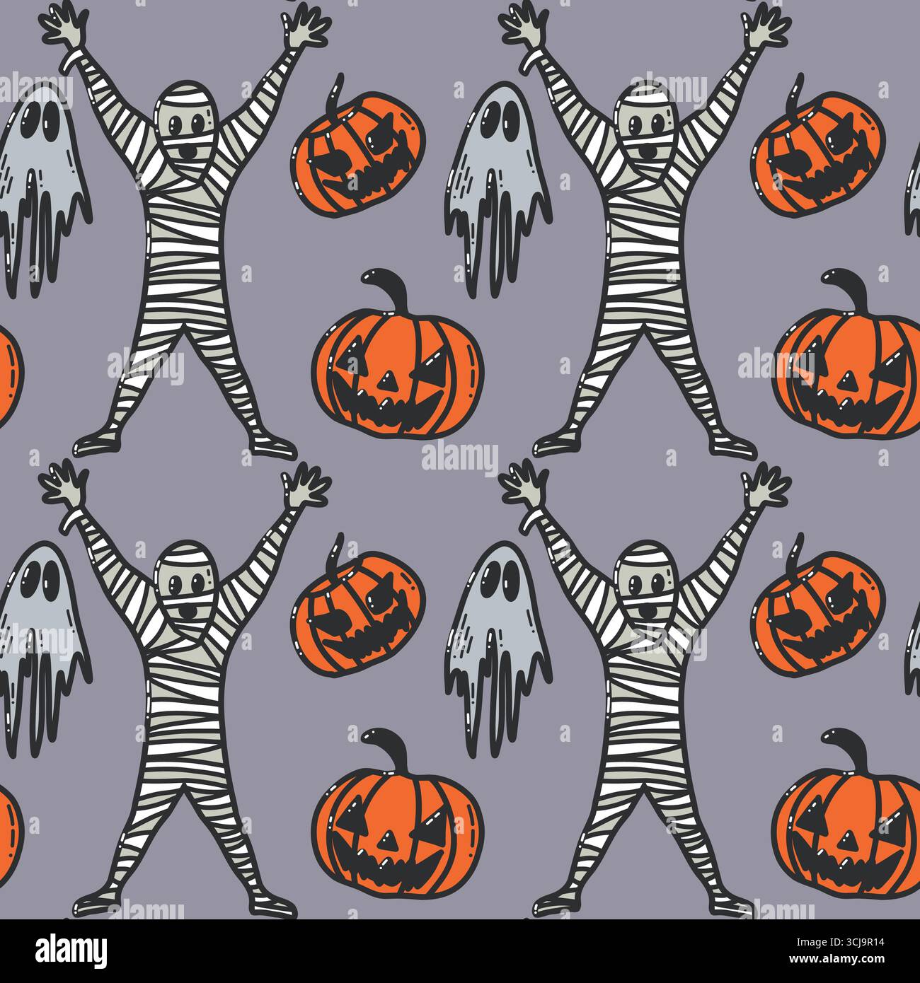 Halloween Pattern Featuring Pumpkins, Ghosts, and Mummies with Purple ...