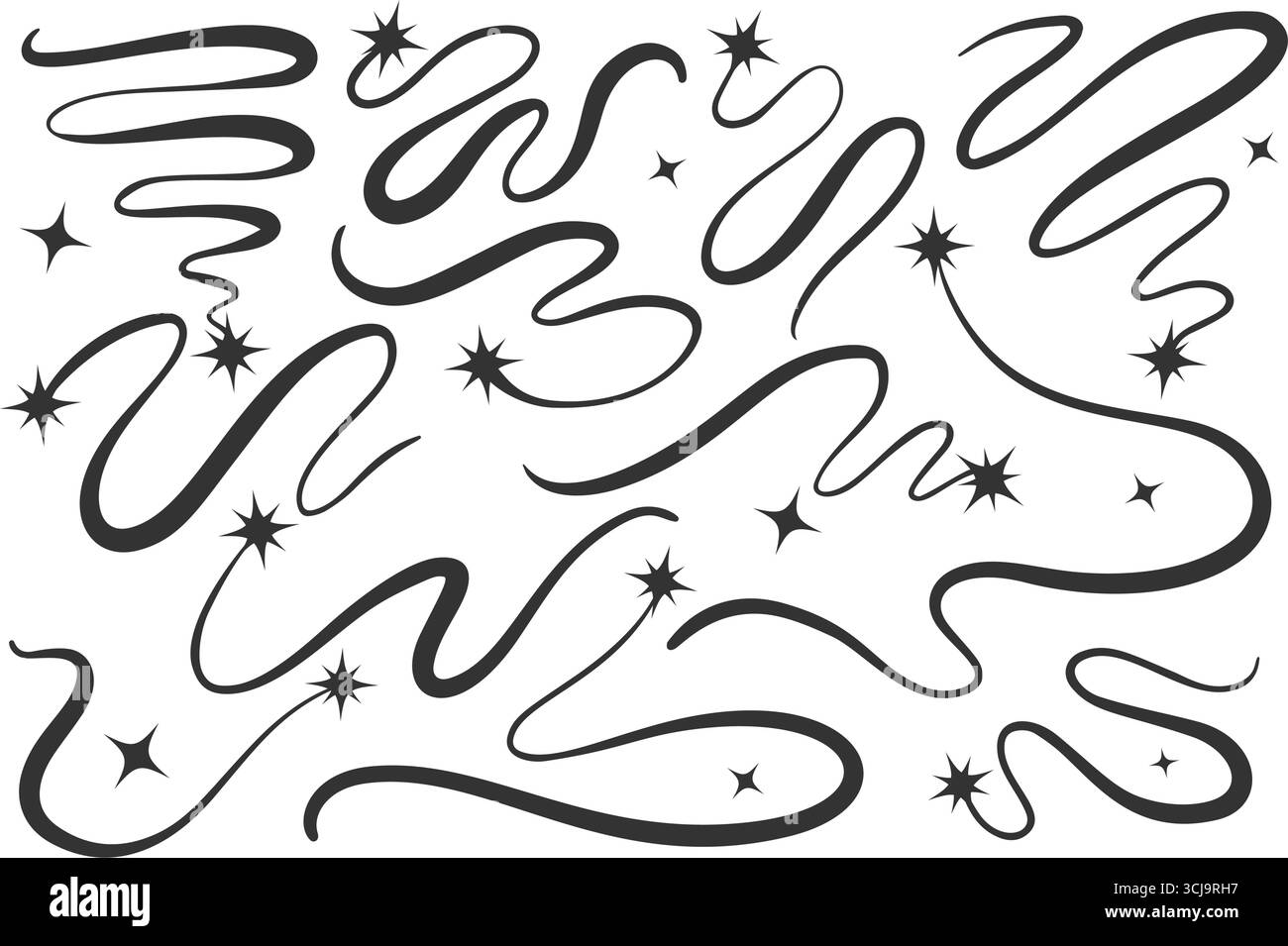 Swirl vector lines with stars. Curved elegant flourishes tails of ...