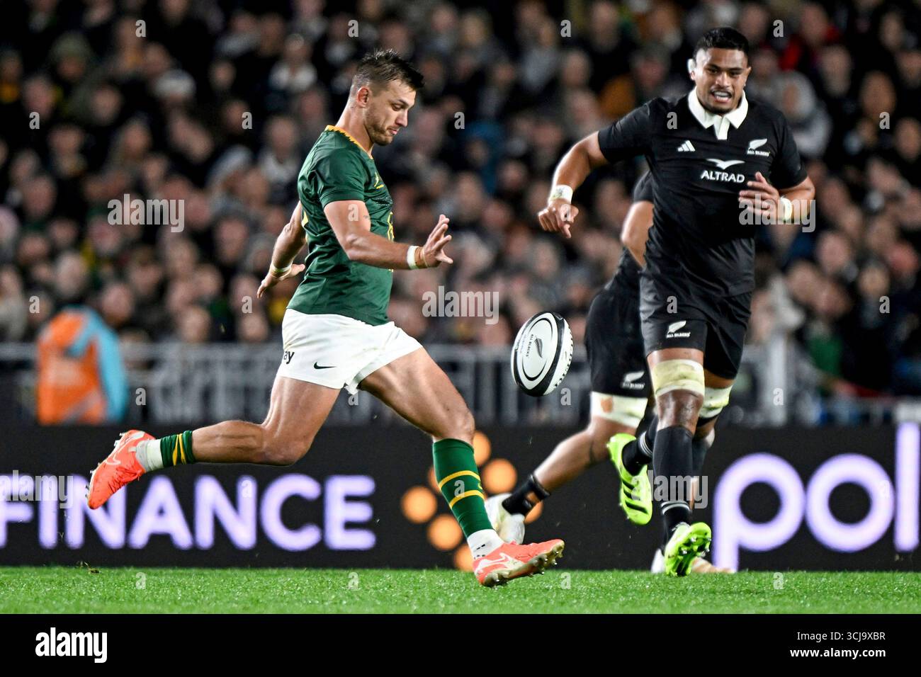 Handre Pollard of South Africa kicks the ball during their rugby ...