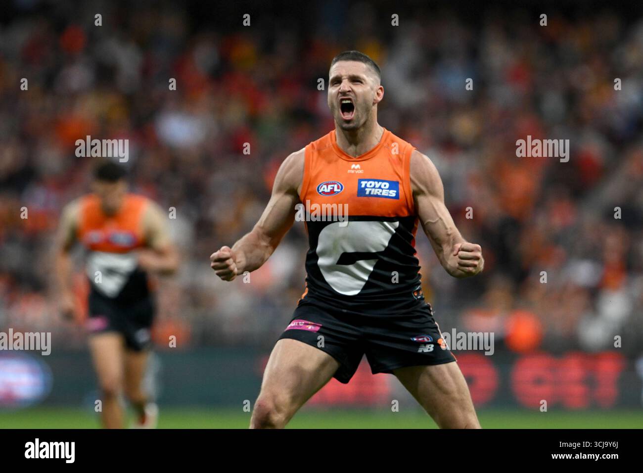 Jesse Hogan of the Giants celebrates after kicking a goal during the ...