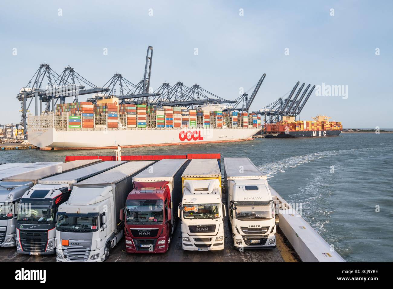 Harwich, UK 31.08.25. semi trucks parked on ferry ship crossing ...
