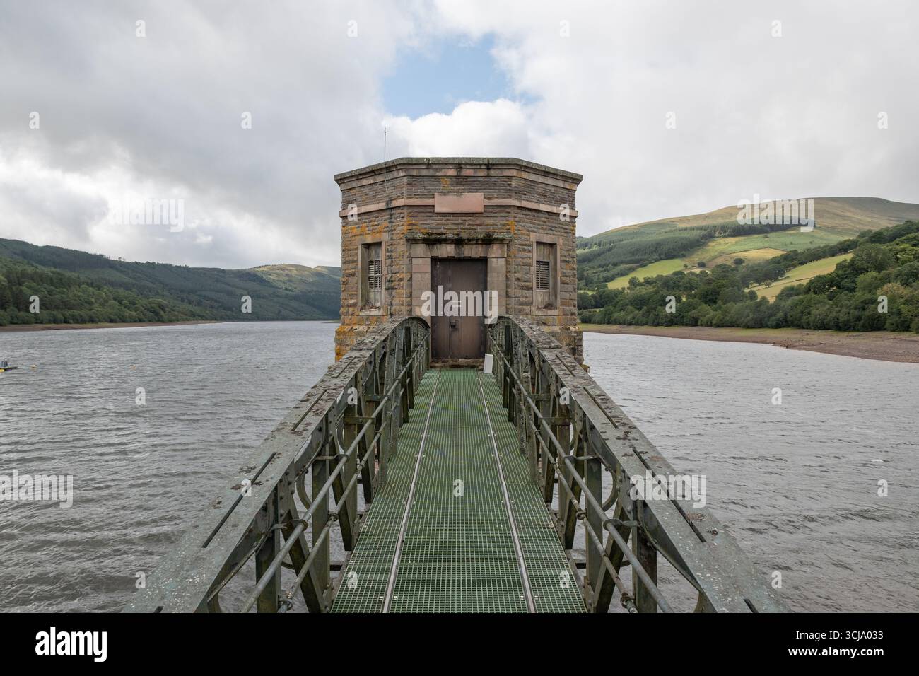 stone fresh water draw-off or intake tower Talybont Reservoir in Wales ...