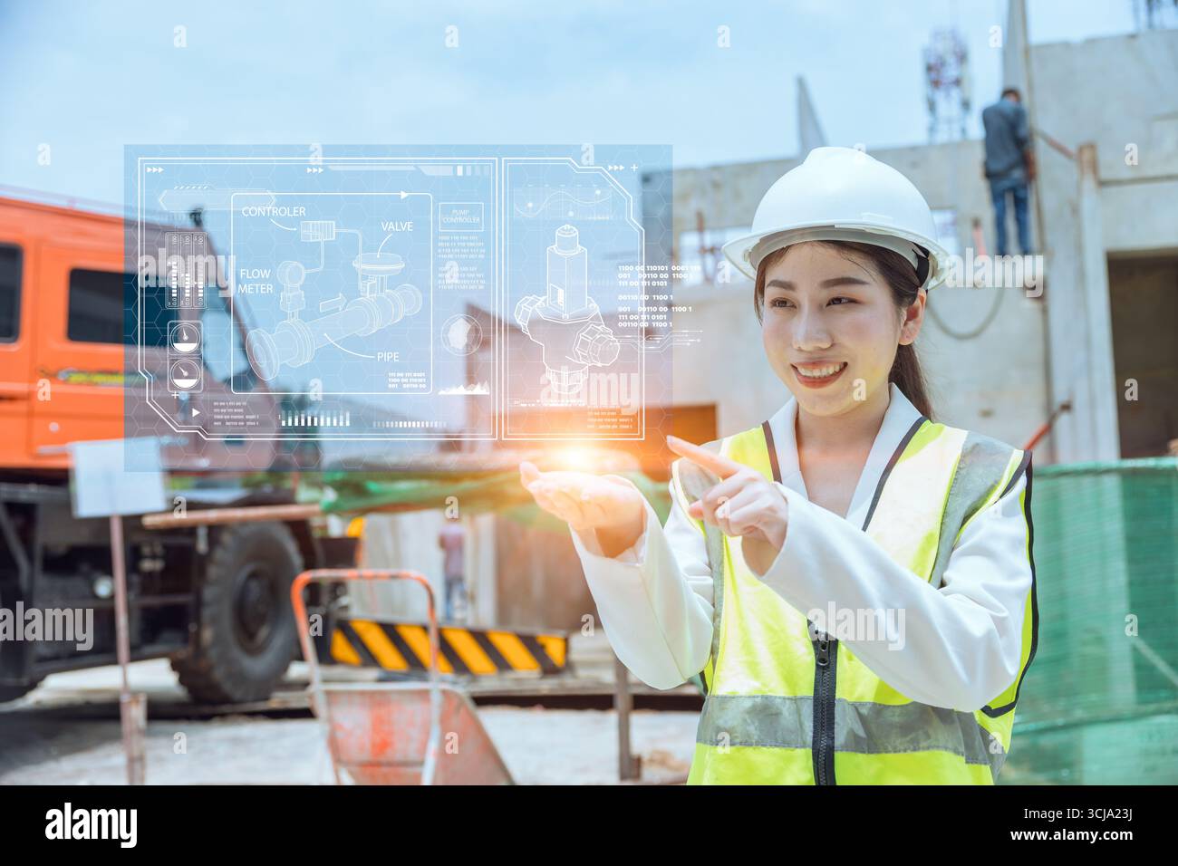 Happy construction engineer women overlay with modern infographic graph chart display visual ...