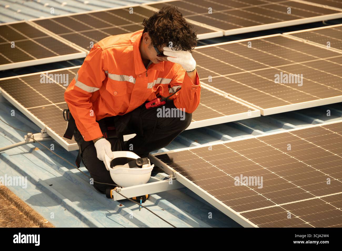 Hot tired worker Dizziness, fainting while working outdoor roof ...