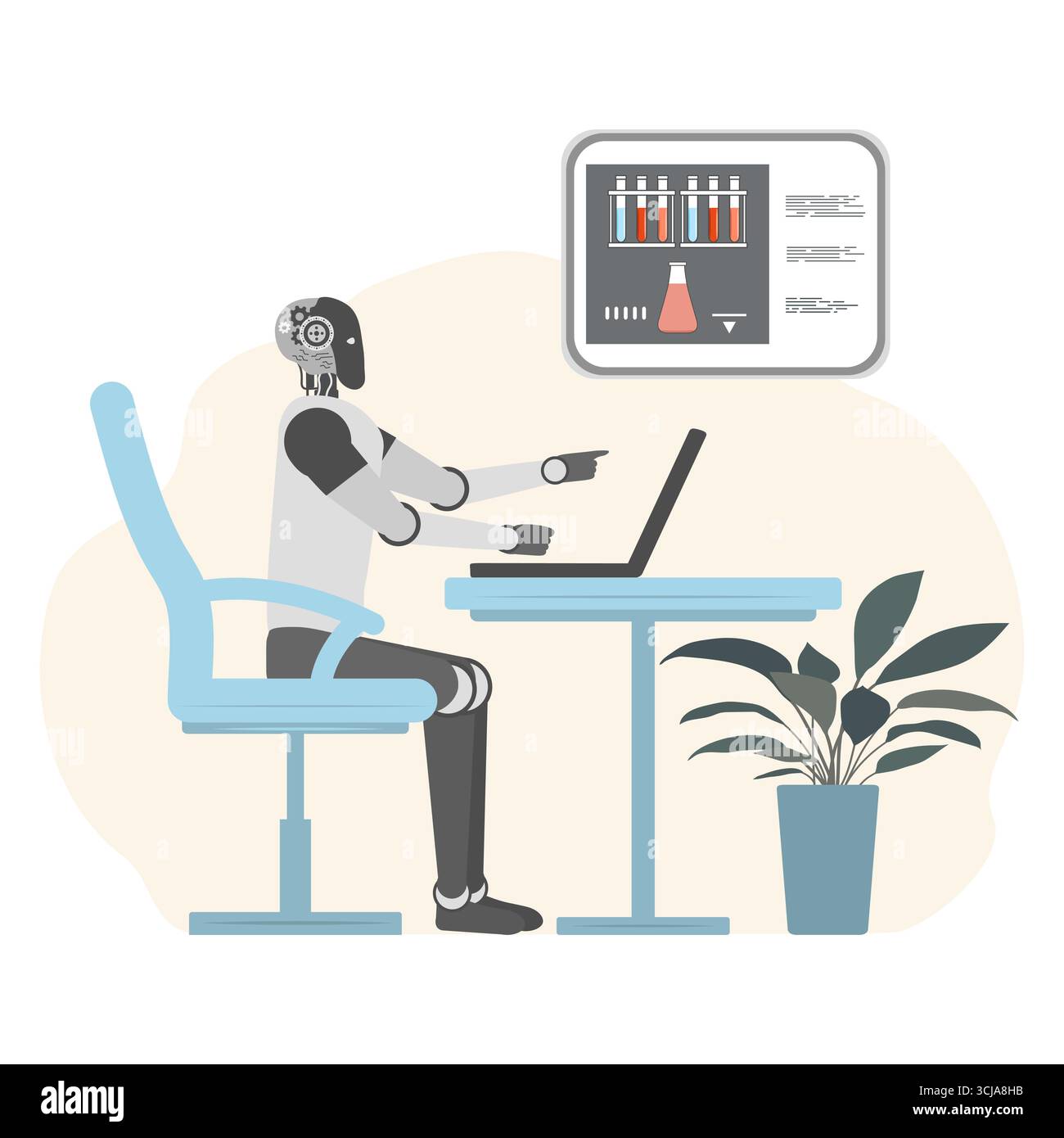 Robot analyzing data on computer in laboratory setting with scientific ...